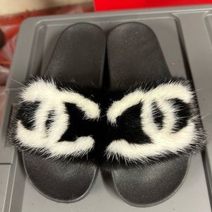 Shoes | Logo Black Fuzzy Fur Slippers Sizes 75 New | Poshmark